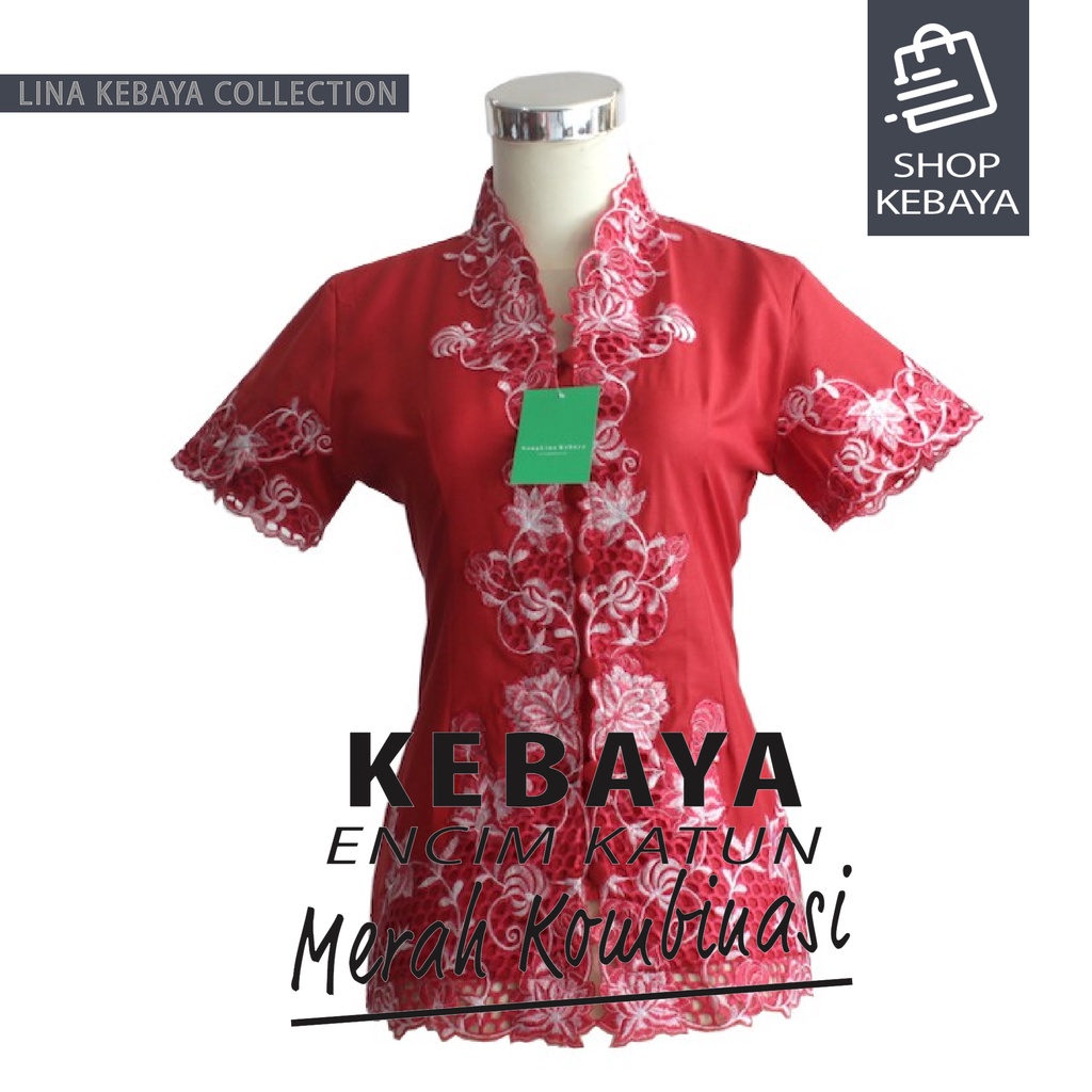Jual Kebaya Encim Katun Modern Merah Amelia Kartini Katun Bordir Lengan ...