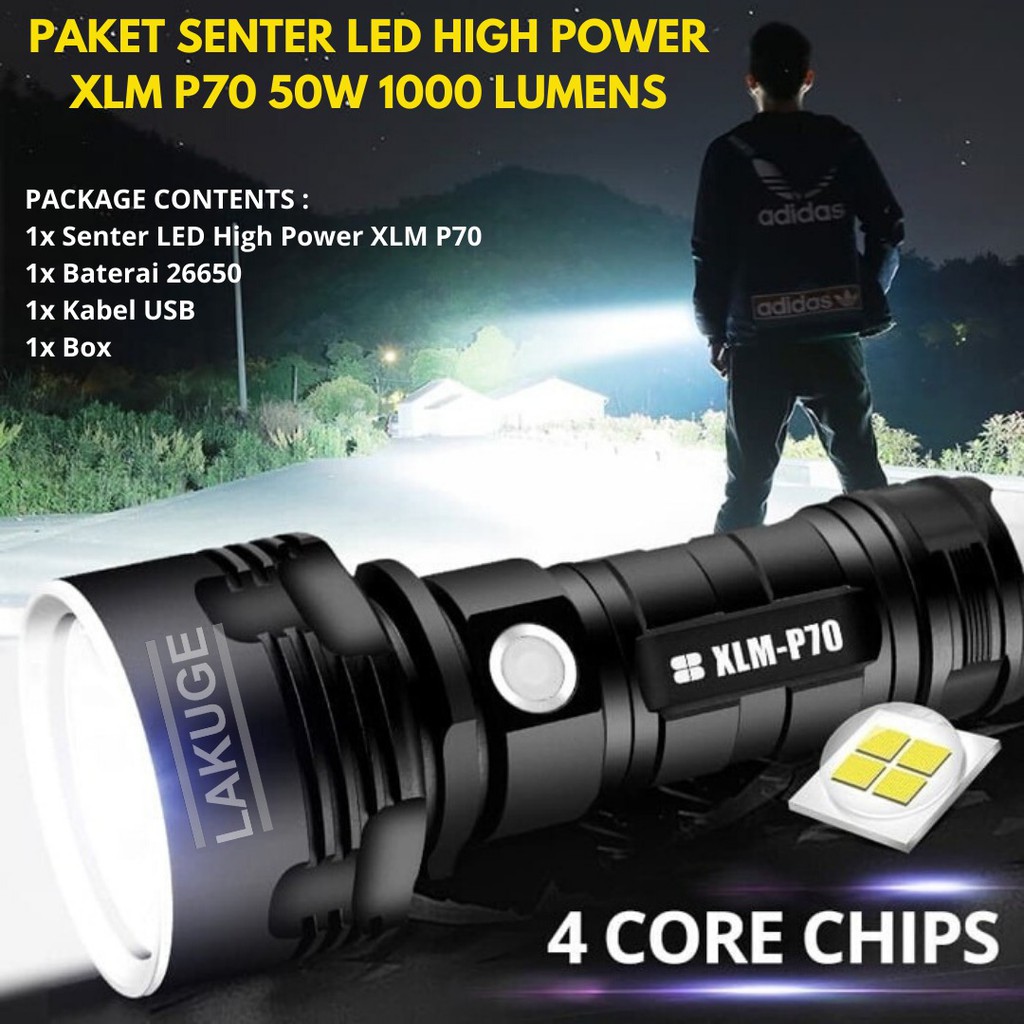 Jual Paket Lengkap Senter LED High Power XLM P70 50W 1000 Lumens USB ...