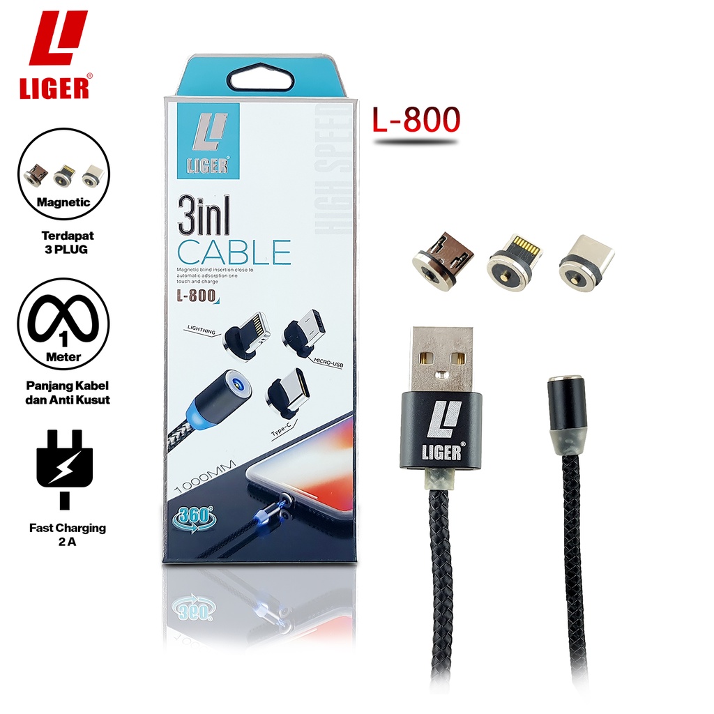 Jual LIGER kabel charger magnetic LED 3in1 MICRO TYPE C LIGHTNING cable ...