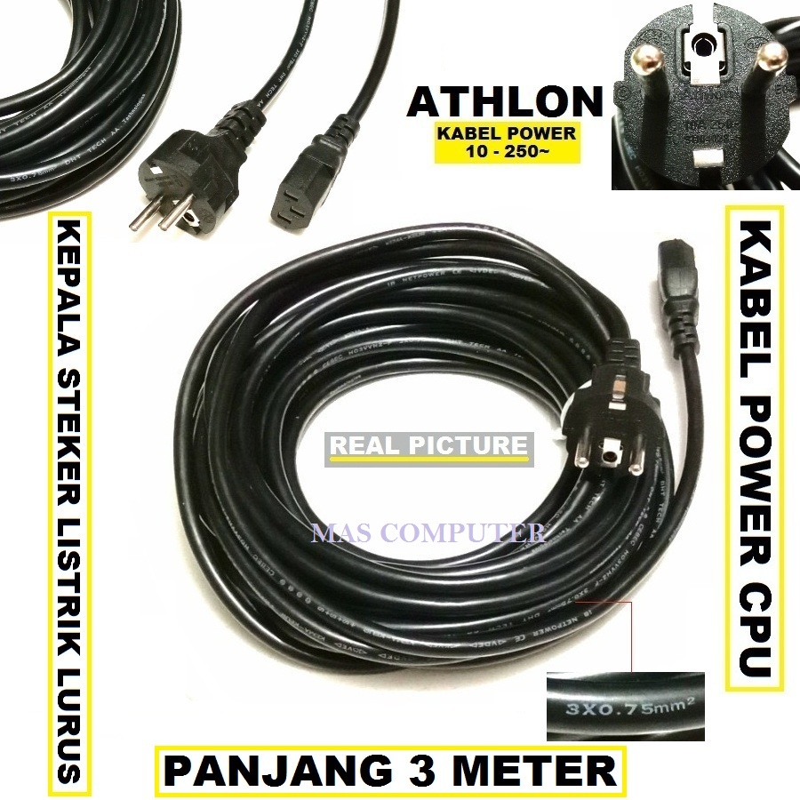 Jual KABEL POWER CPU 3 METER UKURAN 3x0.75mm 10 250A~ / KABEL POWER PC ...