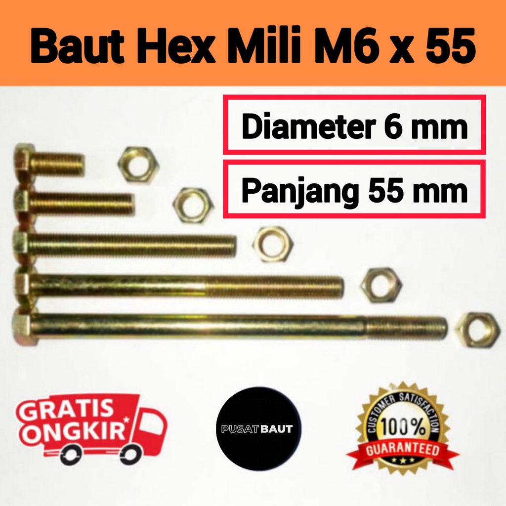 Jual (10 PCS) M6 x 55 Baut Kunci 10 Baut Mur M6x55 Kuning Hex Besi Galvanis Drat Halus | Shopee ...