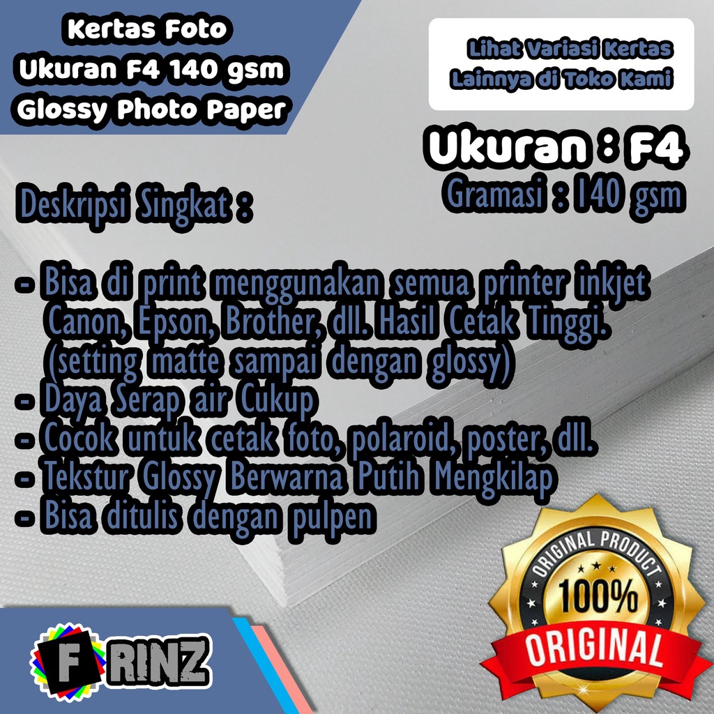 Jual Kertas Foto Inkjet 140 gram Ukuran F4 F5 / Glossy photo paper ...