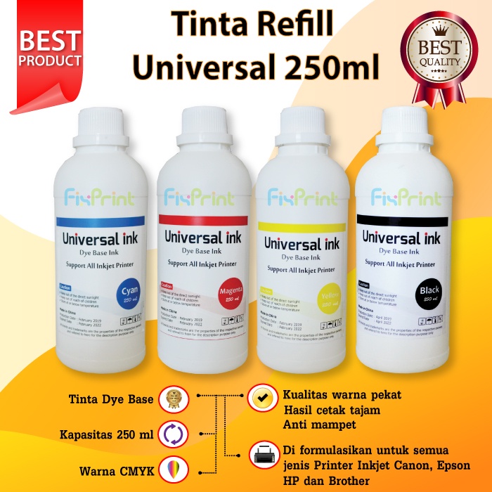 Jual Tinta Refill Universal Ink 250ml, Tinta Botol Dye Base Printer HP ...