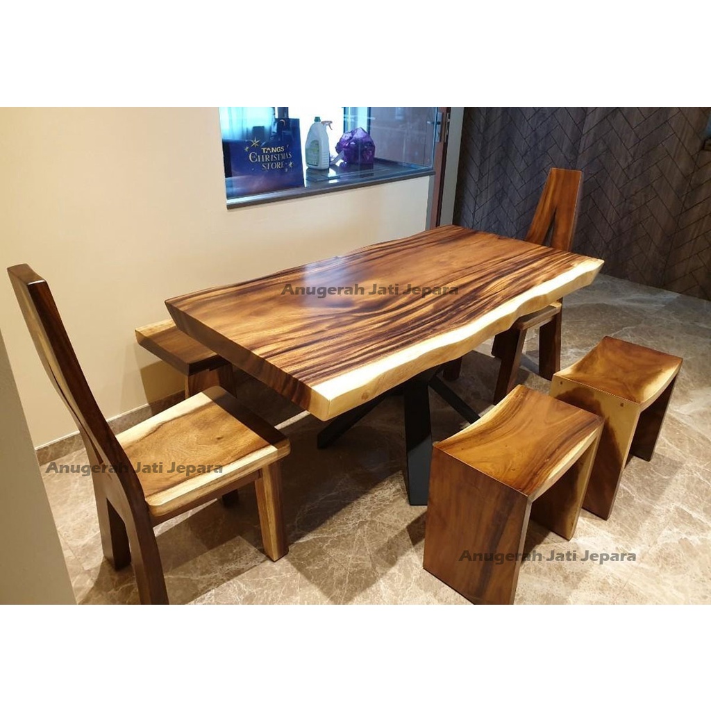 Jual Meja makan solid minimalis kayu trembesi 160cm | Shopee Indonesia