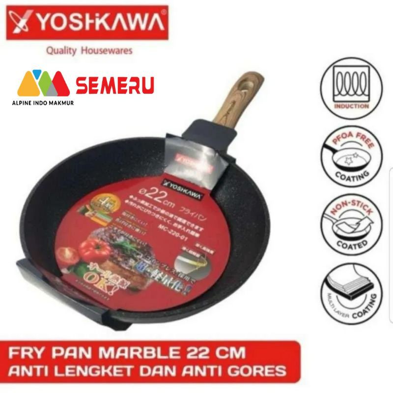 Jual YOSHIKAWA Fry Pan Teflon Marble 22 CM MC-220-01 | Shopee Indonesia