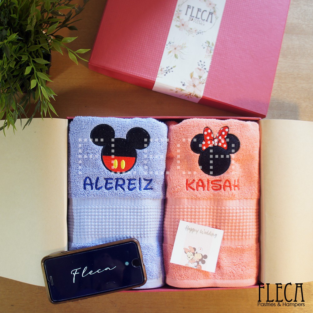 Jual Disney Lover Hamper Handuk Couple Mickey Minnie Mouse Bordir Nama Wedding Anniversary