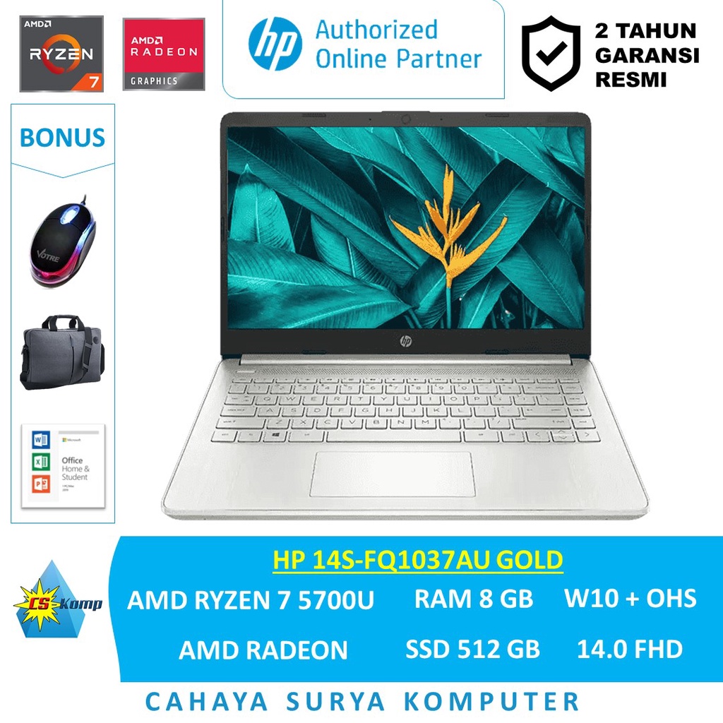 Jual HP 14S-FQ1037AU GOLD | AMD Ryzen 7 5700U | AMD Radeon | RAM 8GB ...
