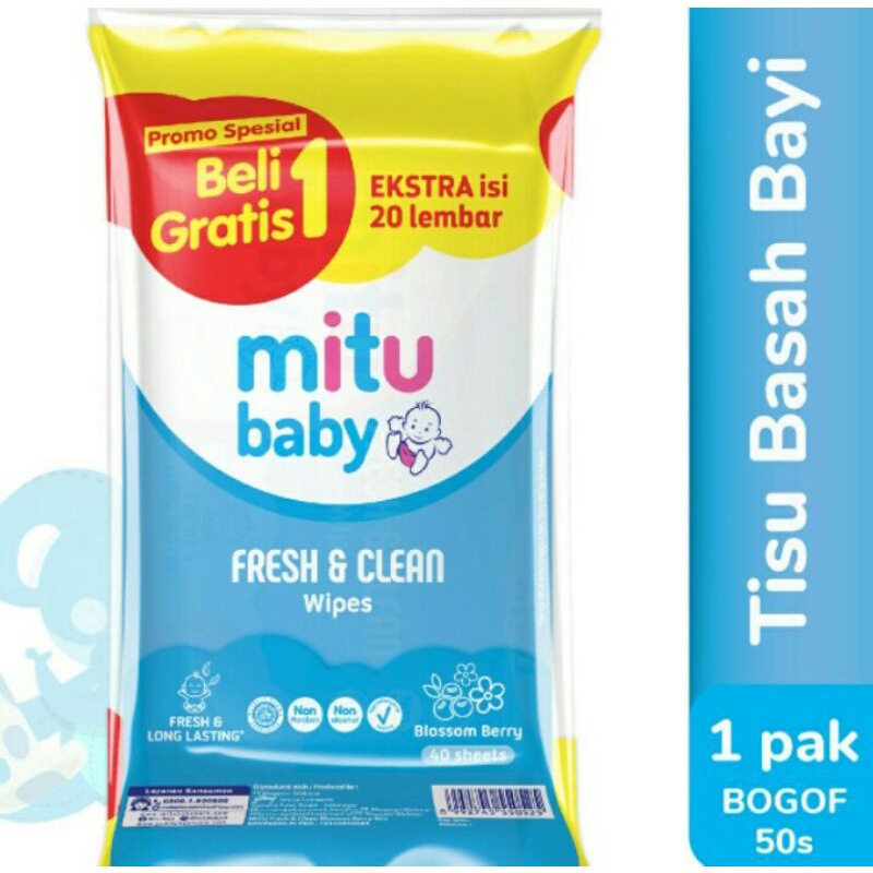 Jual Mitu baby wipes fresh and clean blue 50sheets buy 1 get 1 | Shopee ...