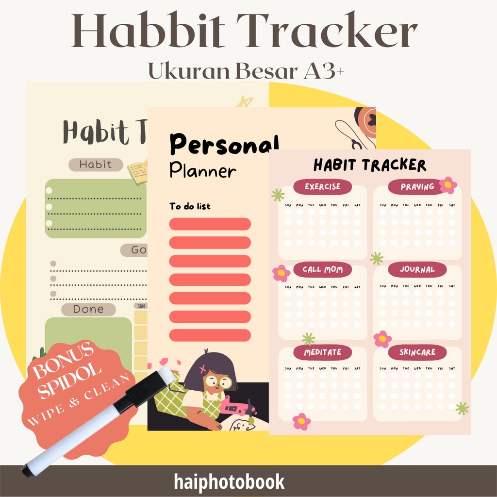 Jual Daily monthly planner habit tracker size A3 (Free 1pcs spidol wipe ...