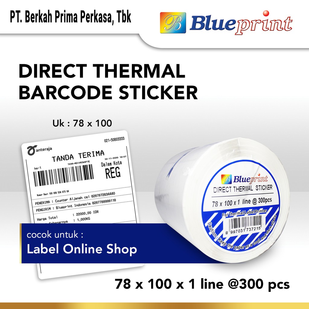 Jual Direct Thermal Sticker Label Online Shop 78 x 100 BLUEPRINT 78x100 mm isi 300Pcs - 1 Roll ...
