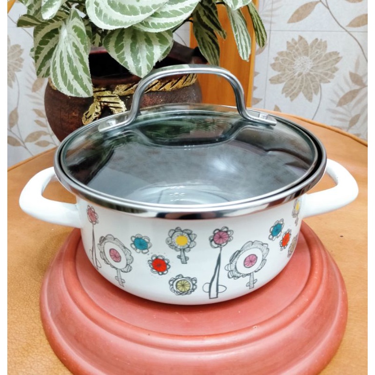 Jual Panci Bahan Enamel Tebal D 16cm plus tutup kaca - Motif Bunga ...