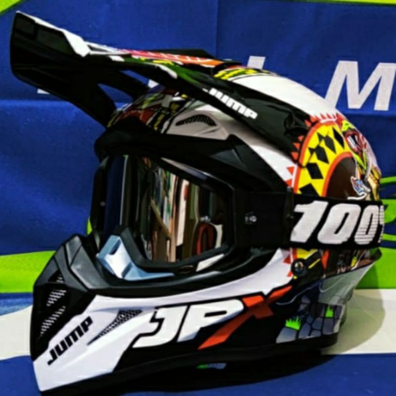Jual Helm Cross JPX Fox1 motif X32 White + goggle 100% Murah (2kg ...