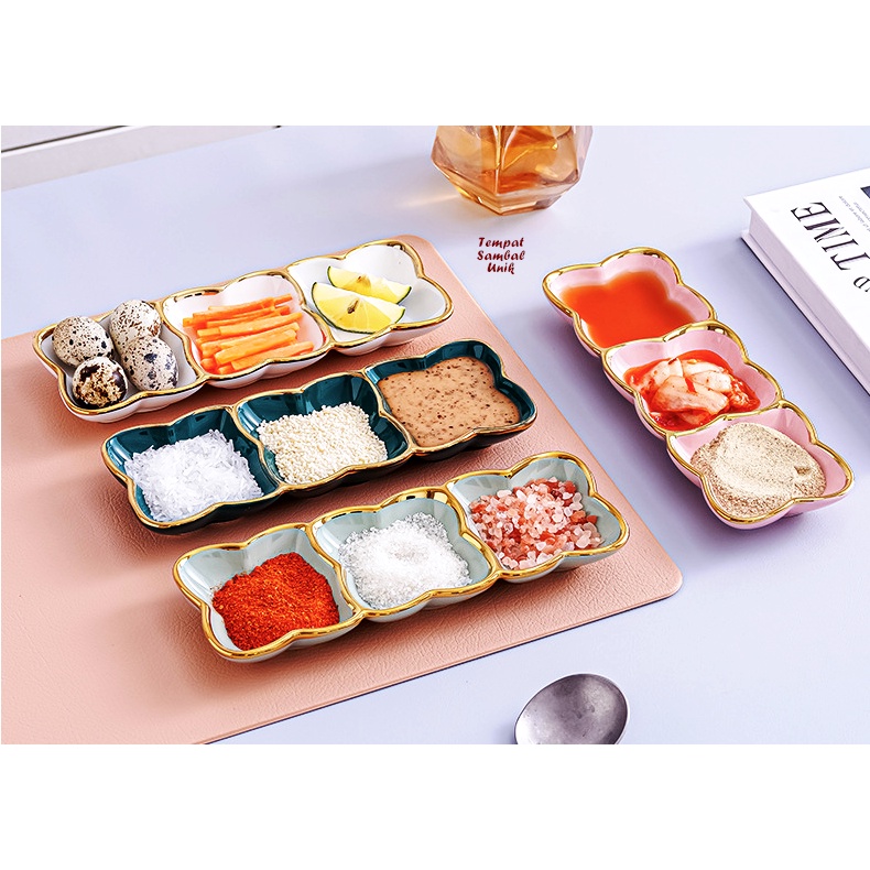 Jual LIST GOLD Tempat Sambal Unik 3 Sekat Dish Plate Piring sambal saos ...