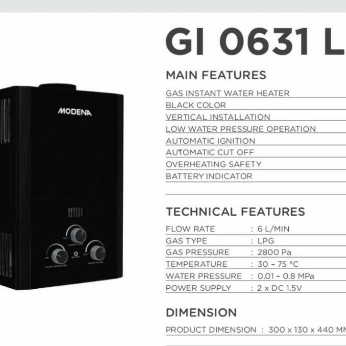 Jual Modena GI0631L water heater Pemanas Air Gas 6 liter | Shopee Indonesia