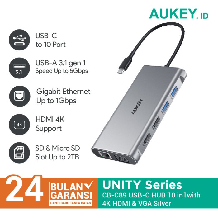 Jual HUB Aukey CB-C89 USB-C 10 in 1 4K HDMI & VGA - 500934 | Shopee ...
