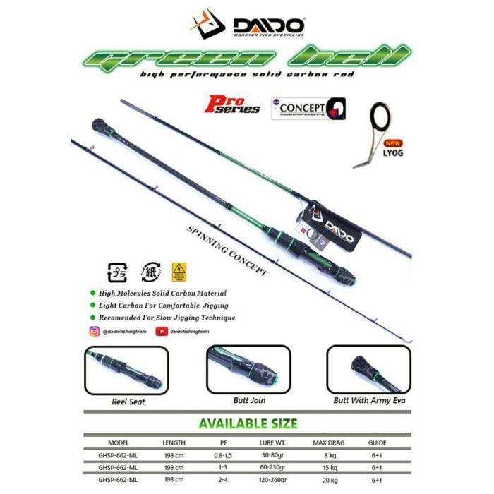 Jual Joran Pancing Spinning Daido Green Hell Pro Series 662M 662ML ...