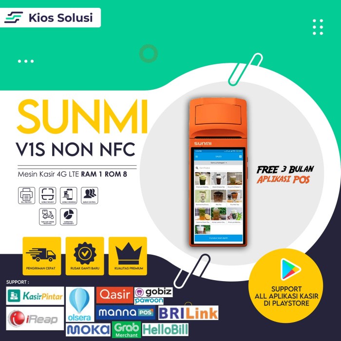 Jual Mesin Kasir Portable SUMNI V1S Non NFC Mesin POS Android 1/8GB 4G ...