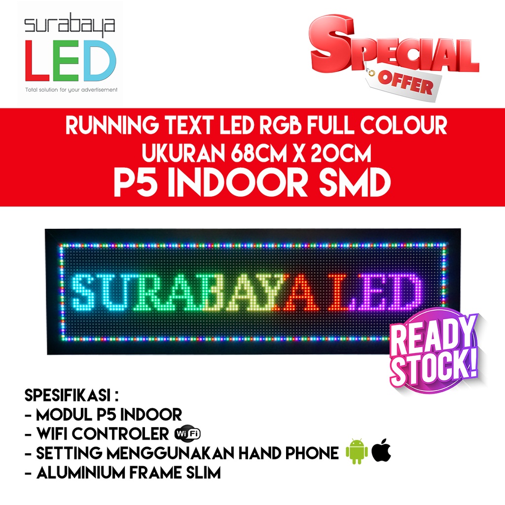 Jual LED running text RGB FULL COLOUR P5 INDOOR Ukuran 68cm x 20cm Wifi ...