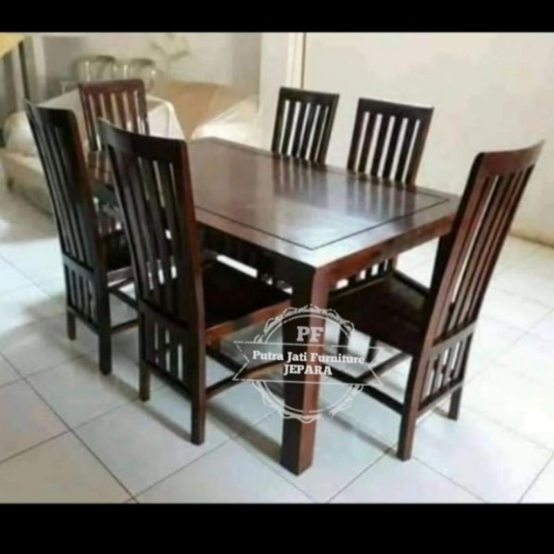 Jual Meja makan panjang model simpel sederhana kursi 6 kayu jati | Shopee Indonesia