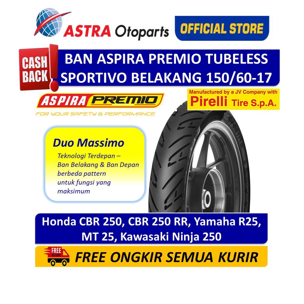 Jual Ban Belakang Aspira Premio Sportivo Tubeless 150/60-17 untuk Honda CBR 250, CBR 250 RR ...