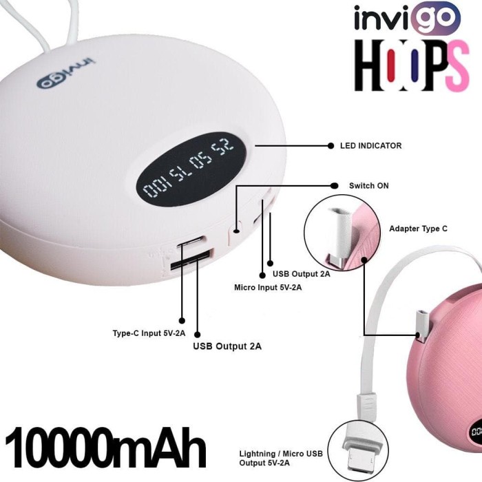 Jual BAHAN BERKELAS!! POWERBANK POWER BANK INVIGO HOOPS BULAT 10.000MAH ...