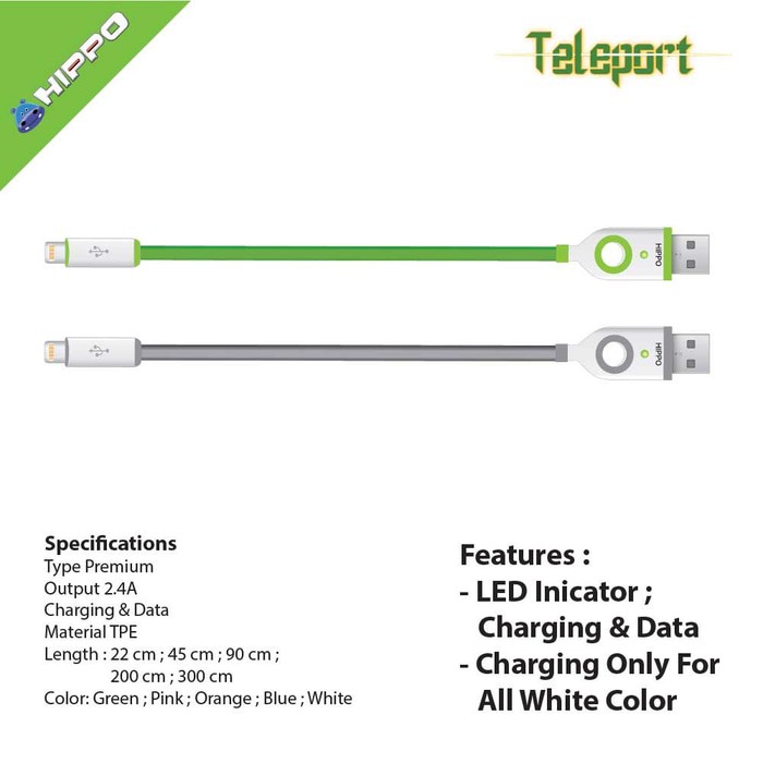 Jual Hippo Teleport Iphone 5 6 6s 22cm ( kabel charger only ) | Shopee ...