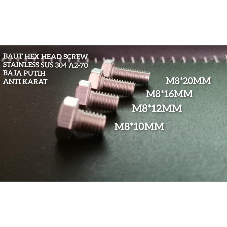 Jual 10PCS HEX BOLT STAINLESS M8 PANJANG 20MM / 16MM / 12MM / 10MM BAUT HEX 8MM | Shopee Indonesia