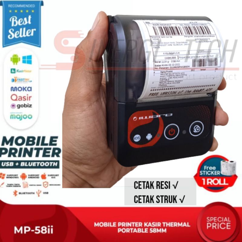 Jual PRINTER BLUETOOTH THERMAL 58MM MP-58II CETAK STRUK KASIR PPOB DAN RESI (FREE KERTAS LABEL ...