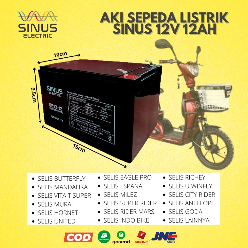 Jual Aki Baterai Sepeda Listrik 12v 12ah SINUS | Shopee Indonesia