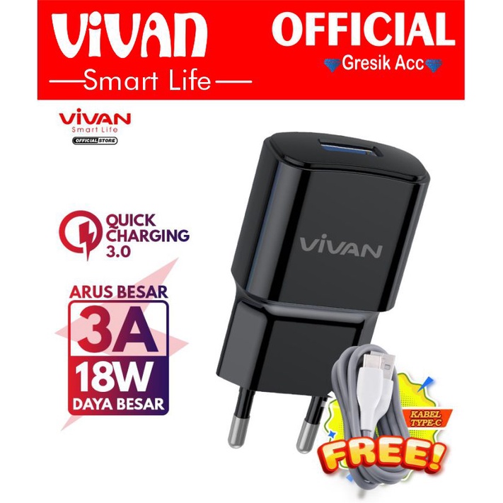 Jual Charger VIVAN typ-C Power Oval 2 3A 18W Quick Charging Fast ...
