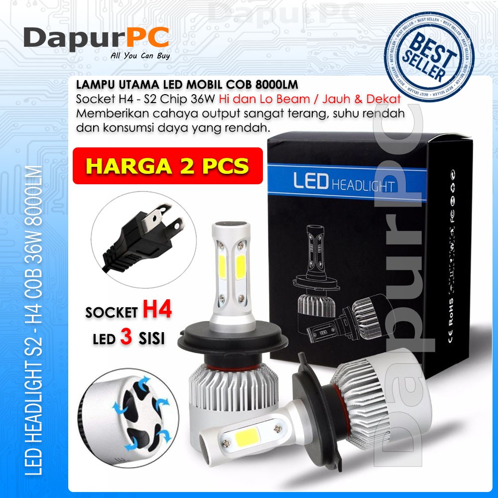 Jual Headlight S2 H4 2 pcs 72W 8000LM Lampu Mobil LED COB HI LO Beam VRtec | Shopee Indonesia
