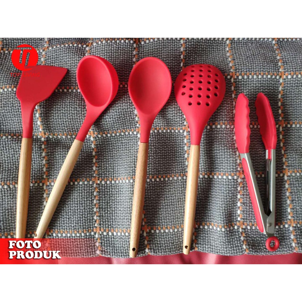 Jual Top Living Wooden Handle Food Grade Silicone Kitchen Utensils ...