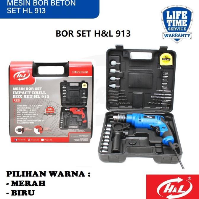 Jual Mesin Bor Listrik Set H&L 13mm Impact Drill Box Set Komplit HnL ...