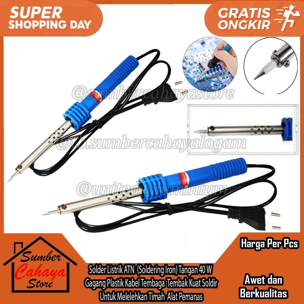 Jual Solder Listrik ATN ( soldering iron ) Tangan 40 W Watt wat Gagang Plastik Pelastik Kabel ...