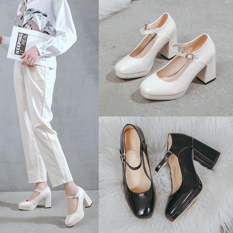 Jual Square toe chunky heel sepatu Mary Jane wanita retro chunky heel ...