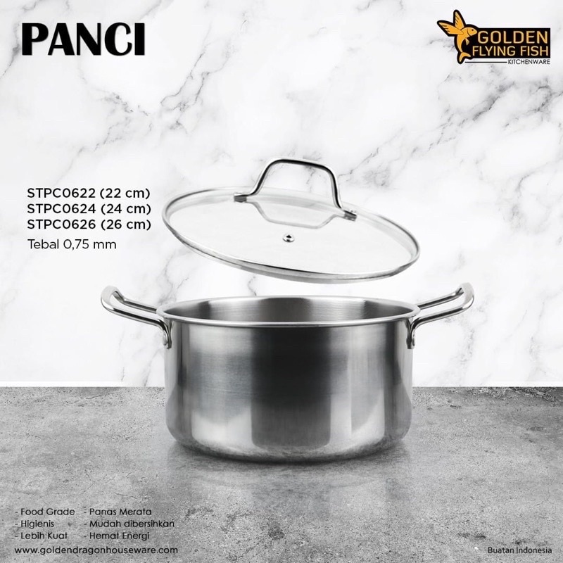 Jual Golden Flying Fish Panci Stainless Steel Tutup Kaca 22cm 24cm 26cm | Shopee Indonesia