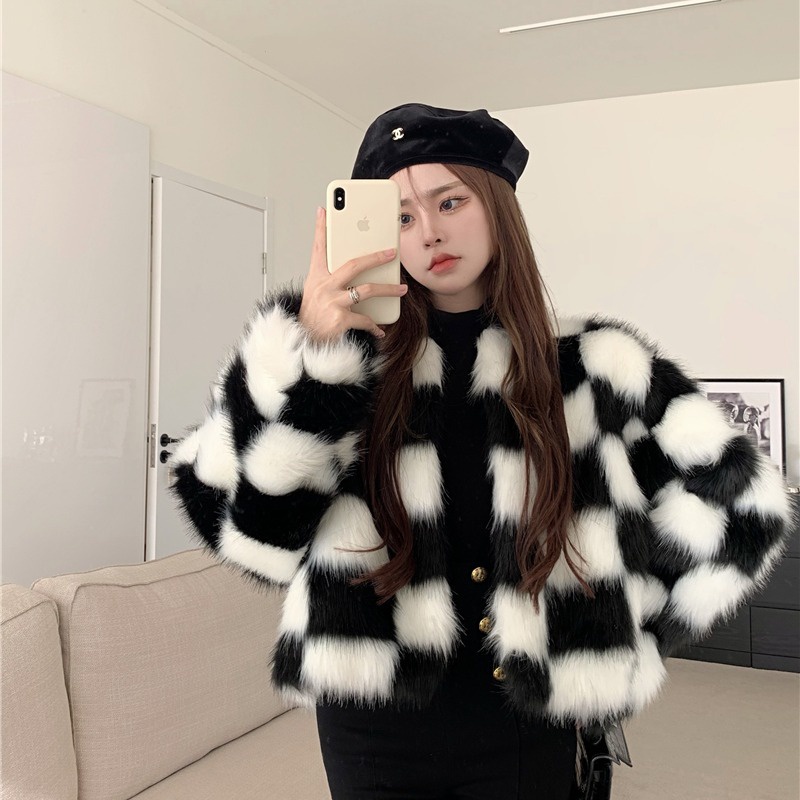 Jual Hitam-Putih Kotak-kotak Kotak-kotak Mink Bulu Bulu Mantel Pendek ...