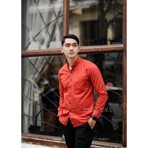 Jual Kemeja Pria Basic Polos Panjang Merah Bata Premium 1468D | Shopee ...