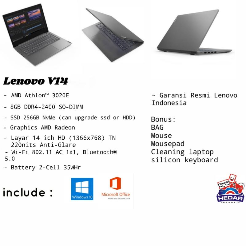 Jual lenovo V14 AMD 3020E 8GB SSD 256GB Radeon Graphics W10 OHS 14 HD ...