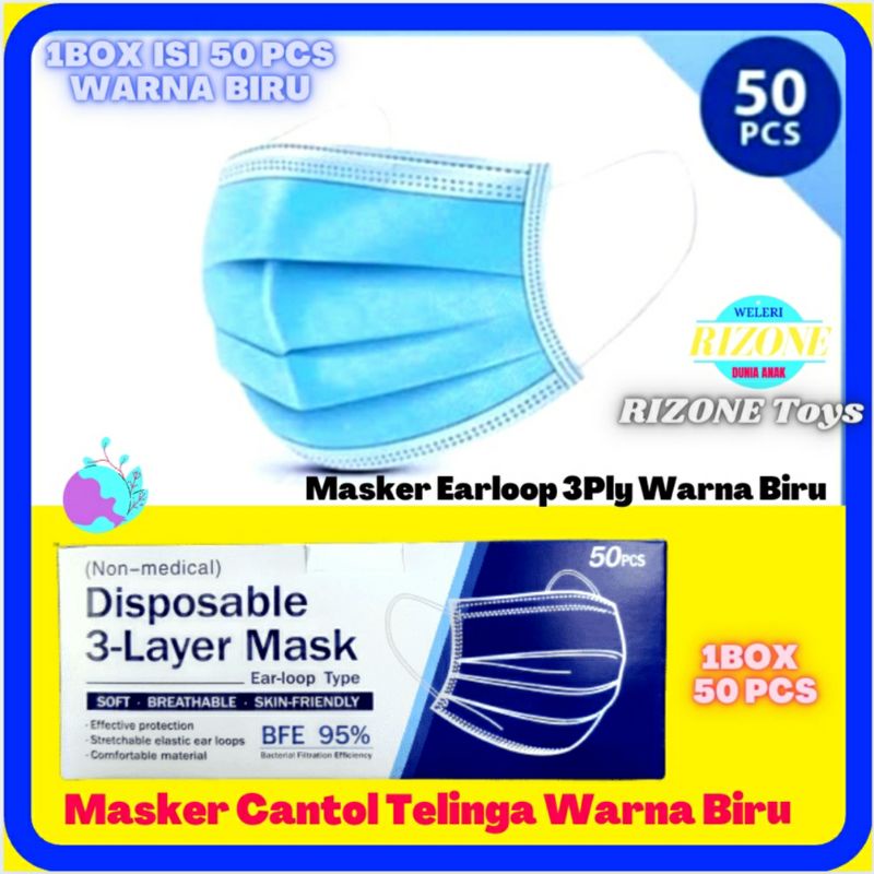 Jual Masker 3Ply Earloop Cantol Telinga 1Box Isi 50Pcs Warna Biru ...