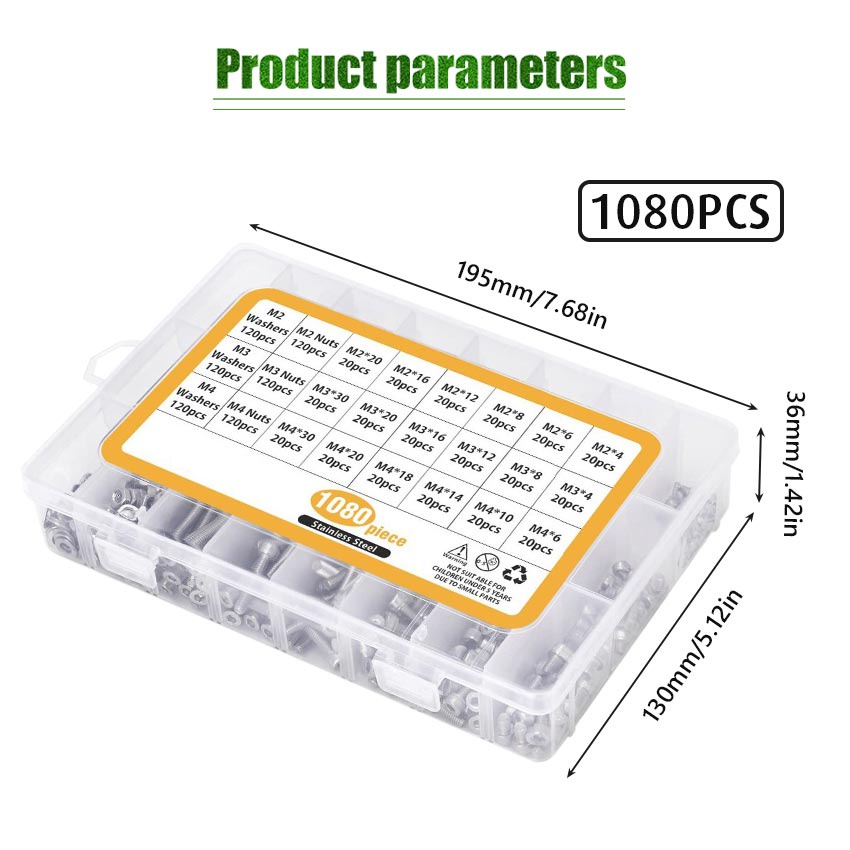 Jual 1080pcs/Set Baut Soket Mur dan Mur M2/M3/M4 Stainless Steel Hex ...