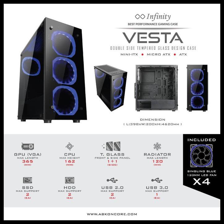 Jual Casing Pc Case Infinity Vesta Atx Inlcd 4 Fan - Fan Biru | Shopee ...