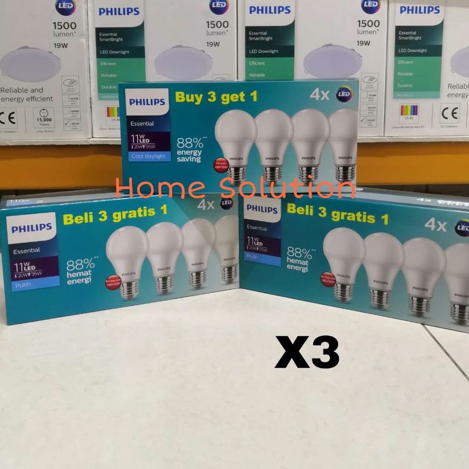 Jual Paket Hemat Lampu Led Ledbulb Essential Philips 11w 3 pack isi 12 ...