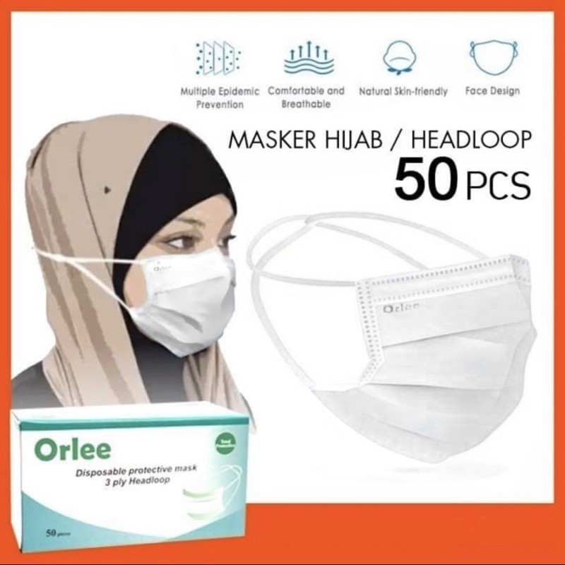Jual Masker Hijab Headloop ORLEE 3 ply / Surgical Disposable Mask ...