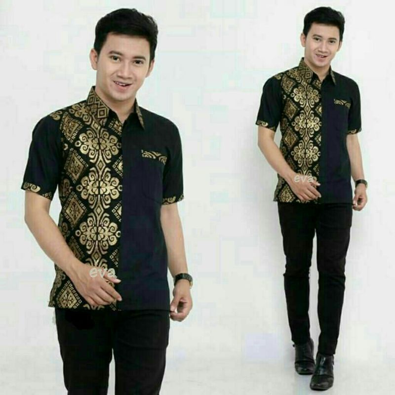 Jual HEM BATIK KOMBINASI PENDEK HITAM GOLD ATASAN BAJU BATIK COWOK ...
