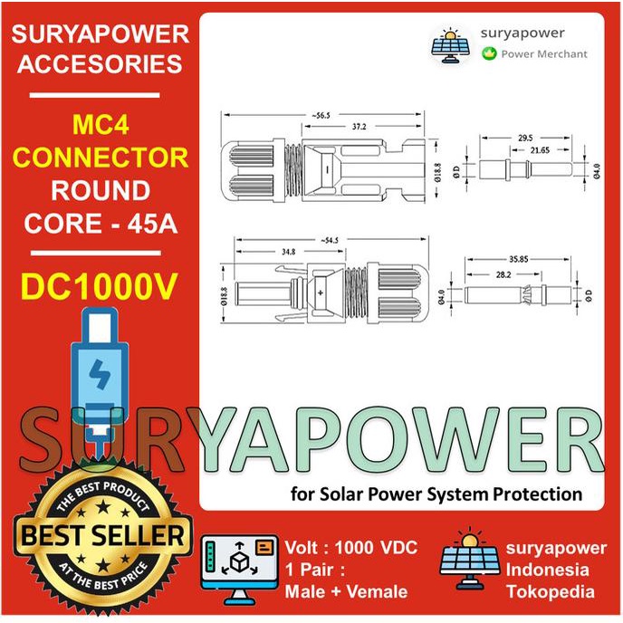 Jual Mc4 Connector Round 45A 60A 80A 1000 Vdc Male+Female Ip67 - Suryapower | Shopee Indonesia