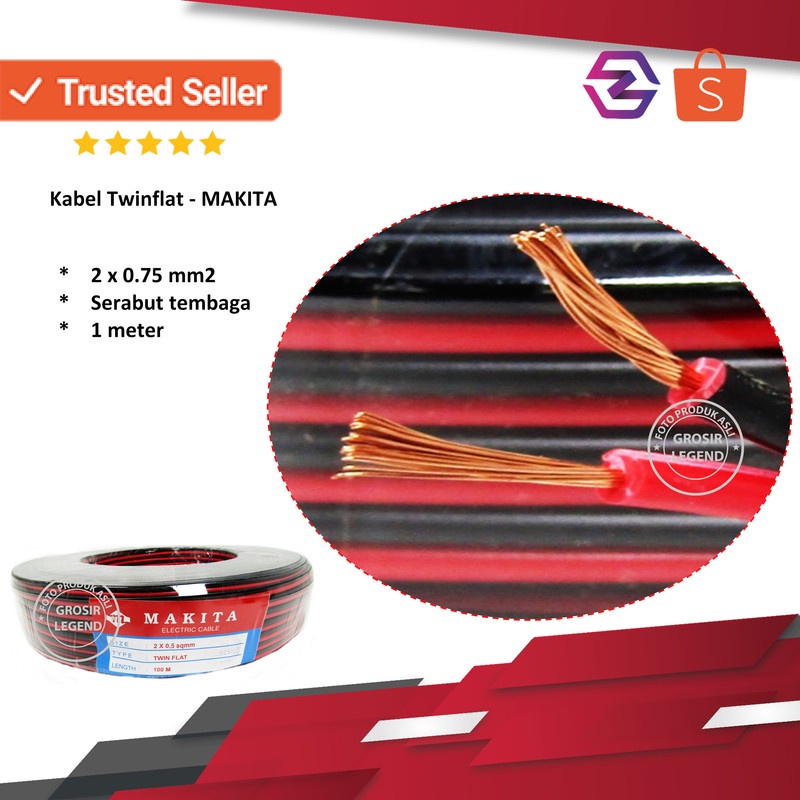 Jual Kabel twin flat/nyz 2x0.75 sqmm Makita merah hitam 1 meter ...
