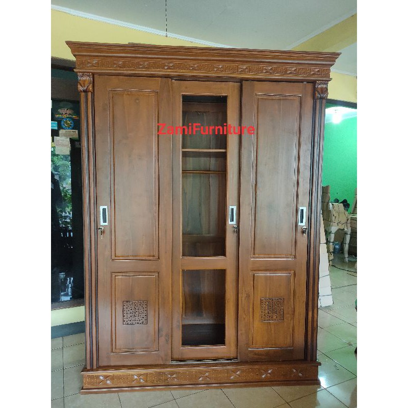 Jual Lemari Pakaian 3 pintu sliding Kaca kayu jati minimalis Custome | Shopee Indonesia