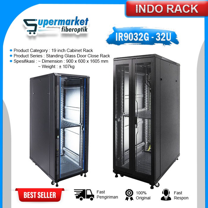 Jual INDORACK Rack Server Standing Close Rack 32U Glass Door IR9032G ...