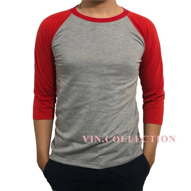 Jual Kaos polos raglan 3/4 pria wanita - abu kombinasi merah | Shopee ...